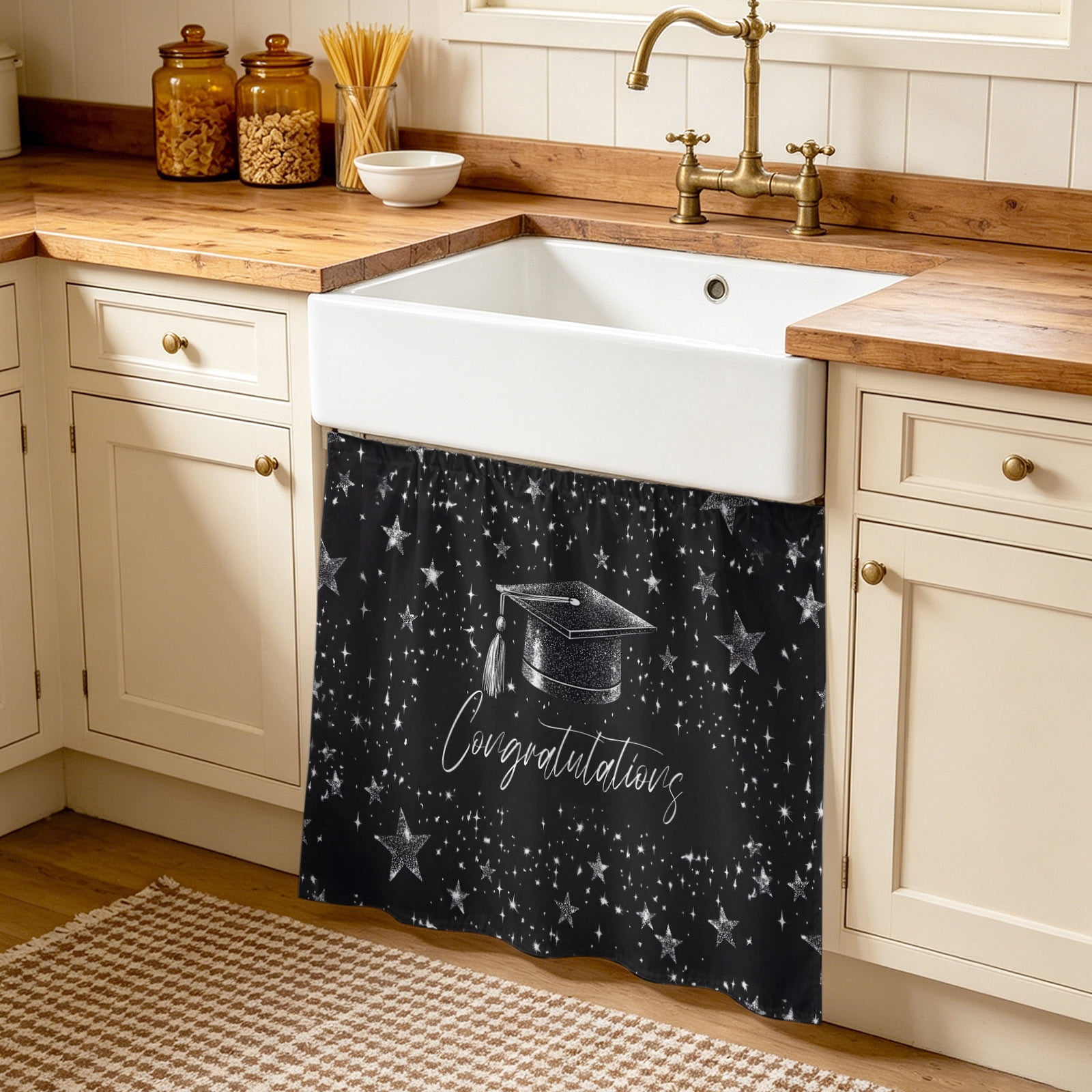 Black Graduation Cap Cabinet Curtains 35"W x 35"L, Modern Sparkle Star ...