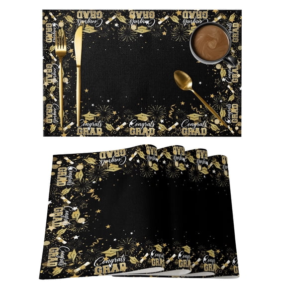 Black Graduation Cap Cotton Linen Placemats Set of 2, Gold Stars ...