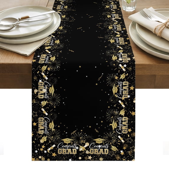 Black Graduation Cap Cotton Linen Table Runner Gold Stars Academic ...