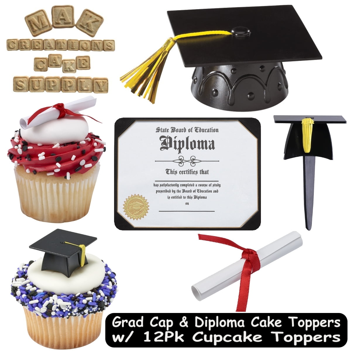 Black Graduation Cap & Flat Diploma Plaque Cake Topper Set w/ 12pk of ...
