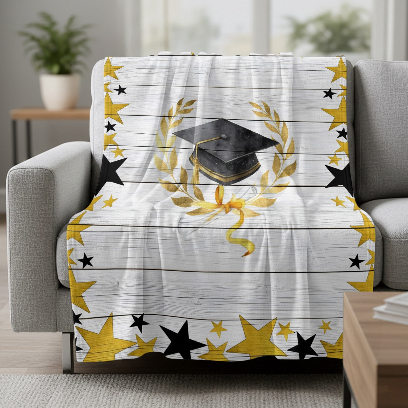 Black Graduation Cap Fleece Throw Blanket Modern Gold Star Border Wood ...