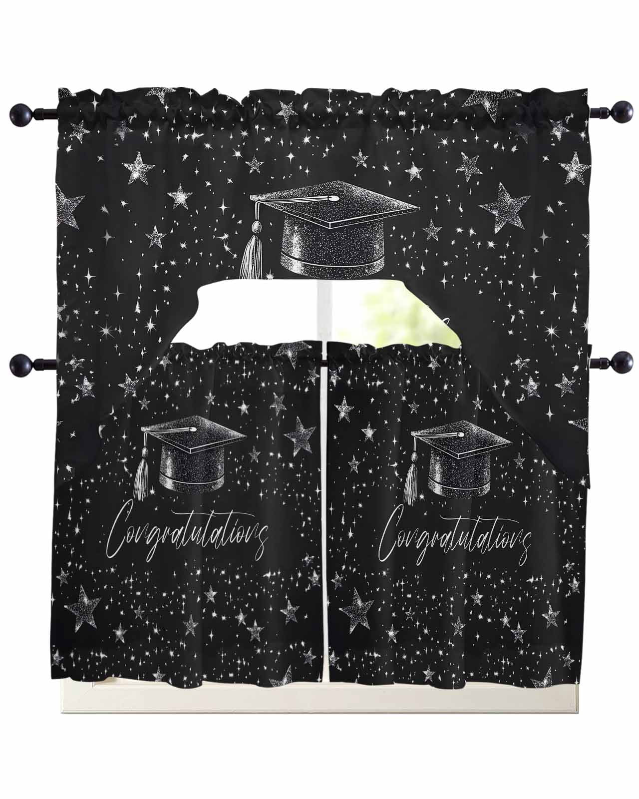 Black Graduation Cap Kitchen Curtains Set for Windows 3 Piece Cafe ...