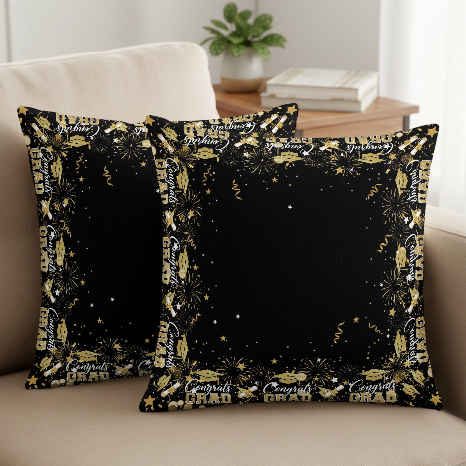 Black Graduation Cap Pillow Covers Set of 2, Gold Stars Academic ...