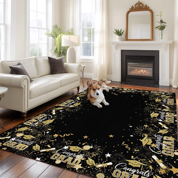 Black Graduation Cap Washable Area Rug 6x9 Gold Stars Academic Diploma ...