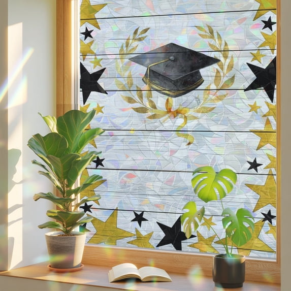 Black Graduation Cap Window Privacy Film, Modern Gold Star Border Wood ...
