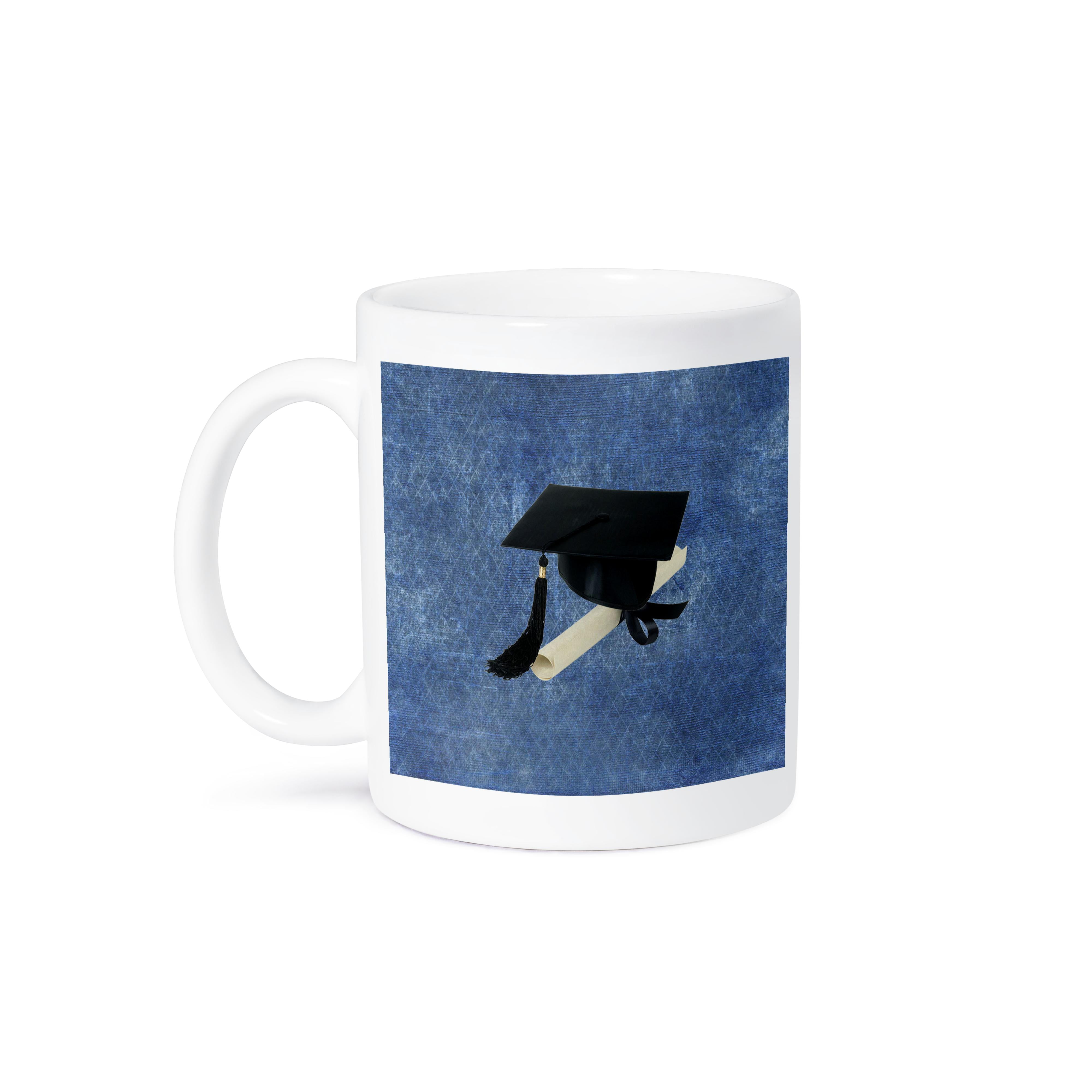 3dRose, Black Graduation Cap with Diploma on Blue Design, 11oz Mug ...