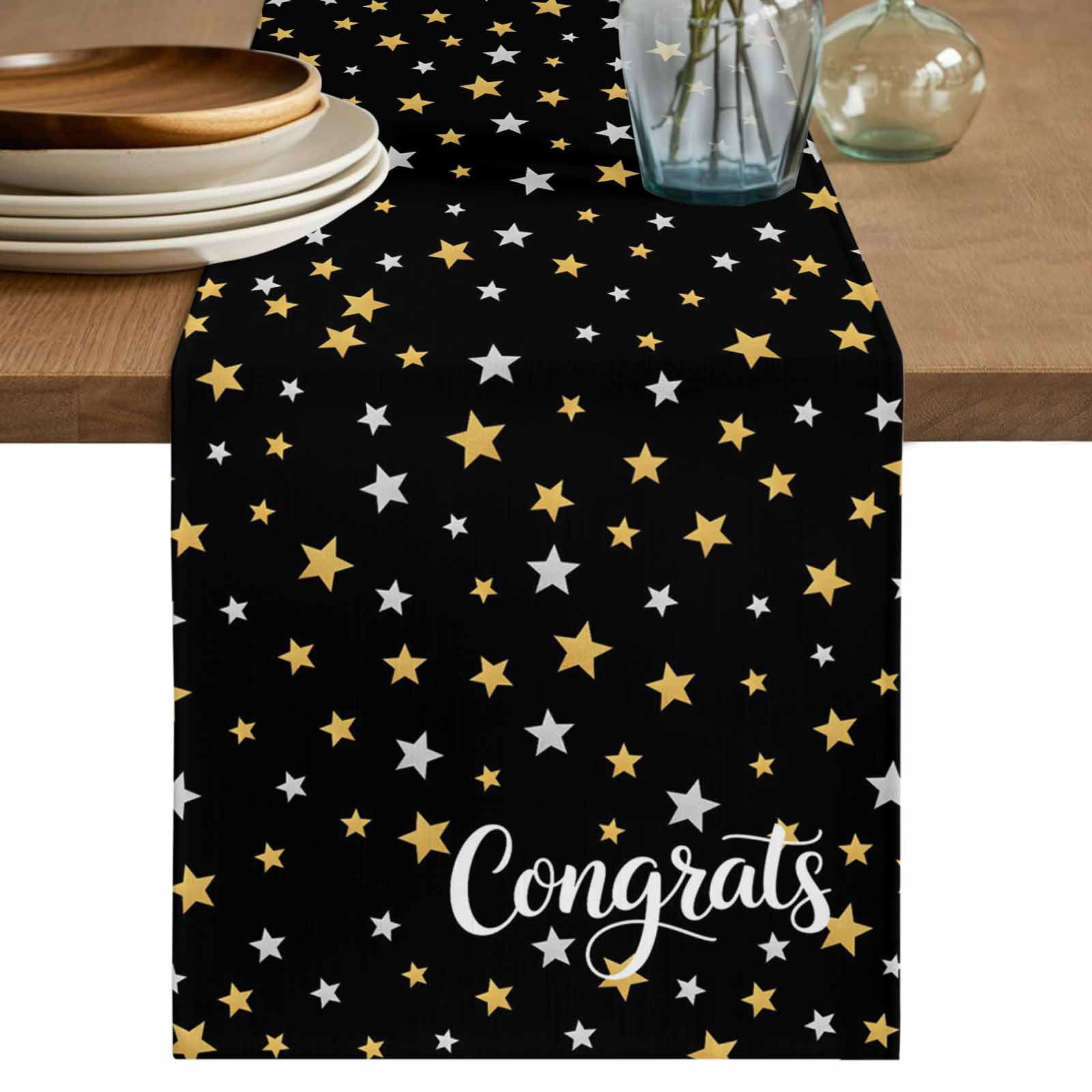Black Graduation Cotton Linen Table Runner for Dining Kitchen, Stars ...