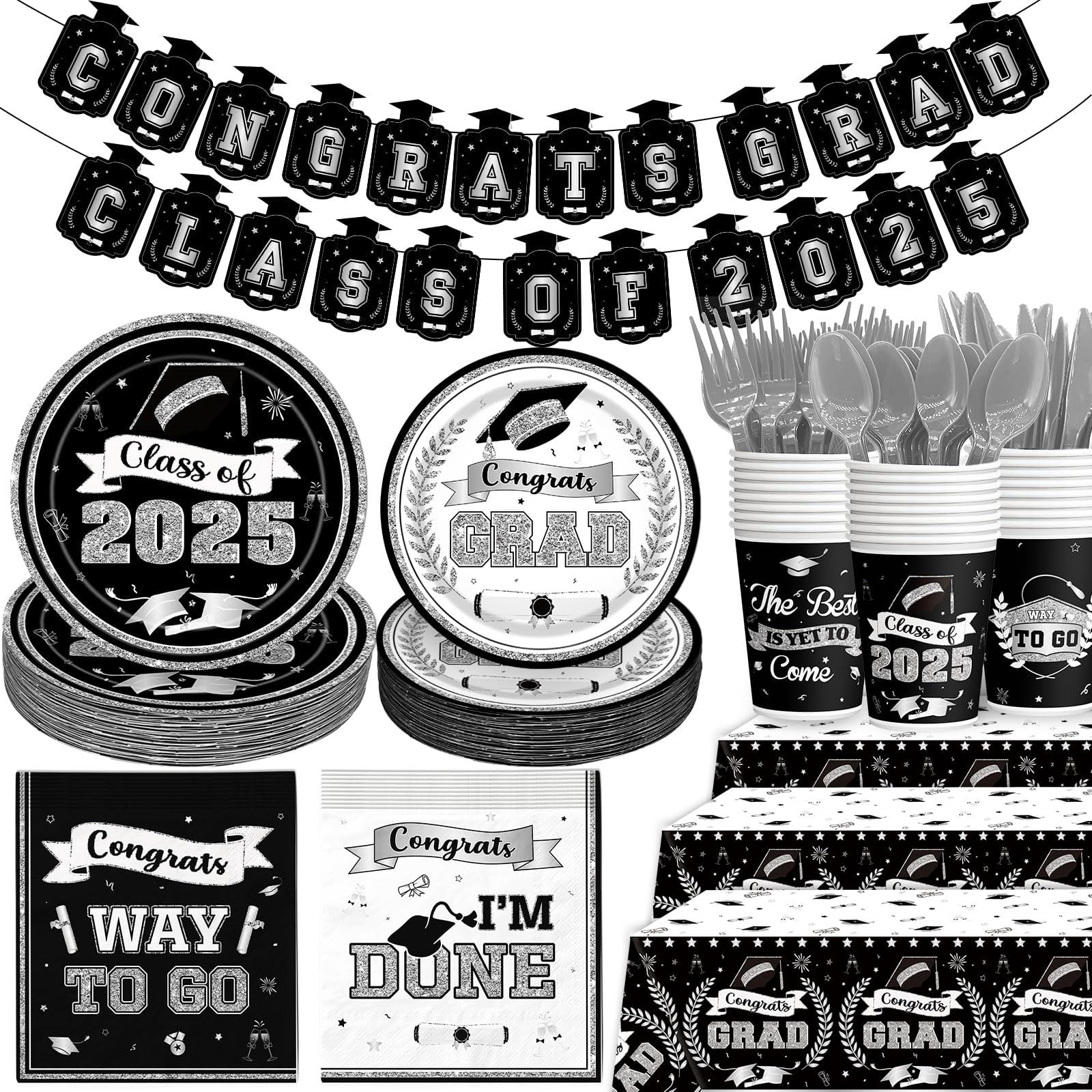 Black Graduation Decorations 2025 RRF12 Graduation Plates and Napkins ...