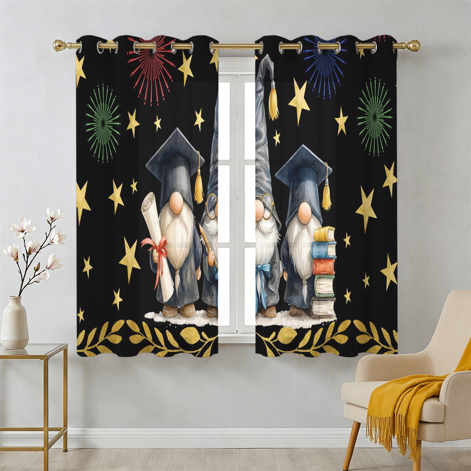Black Graduation Gnomes Sheer Curtains 54 Inch Long 2 Panels, Yellow ...