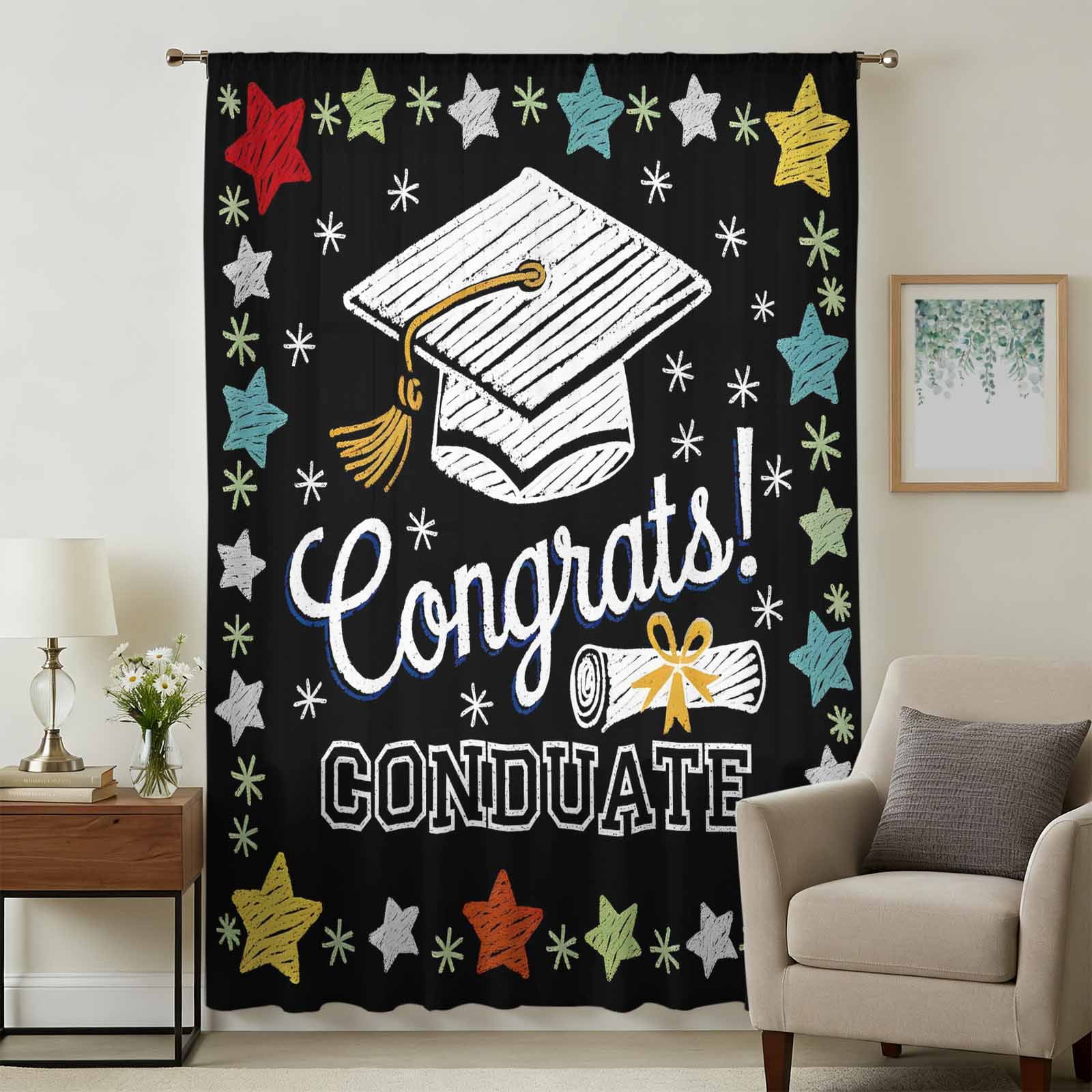 Black Graduation Sheer Curtains 108 Inches Extra Long, Colorful Star ...