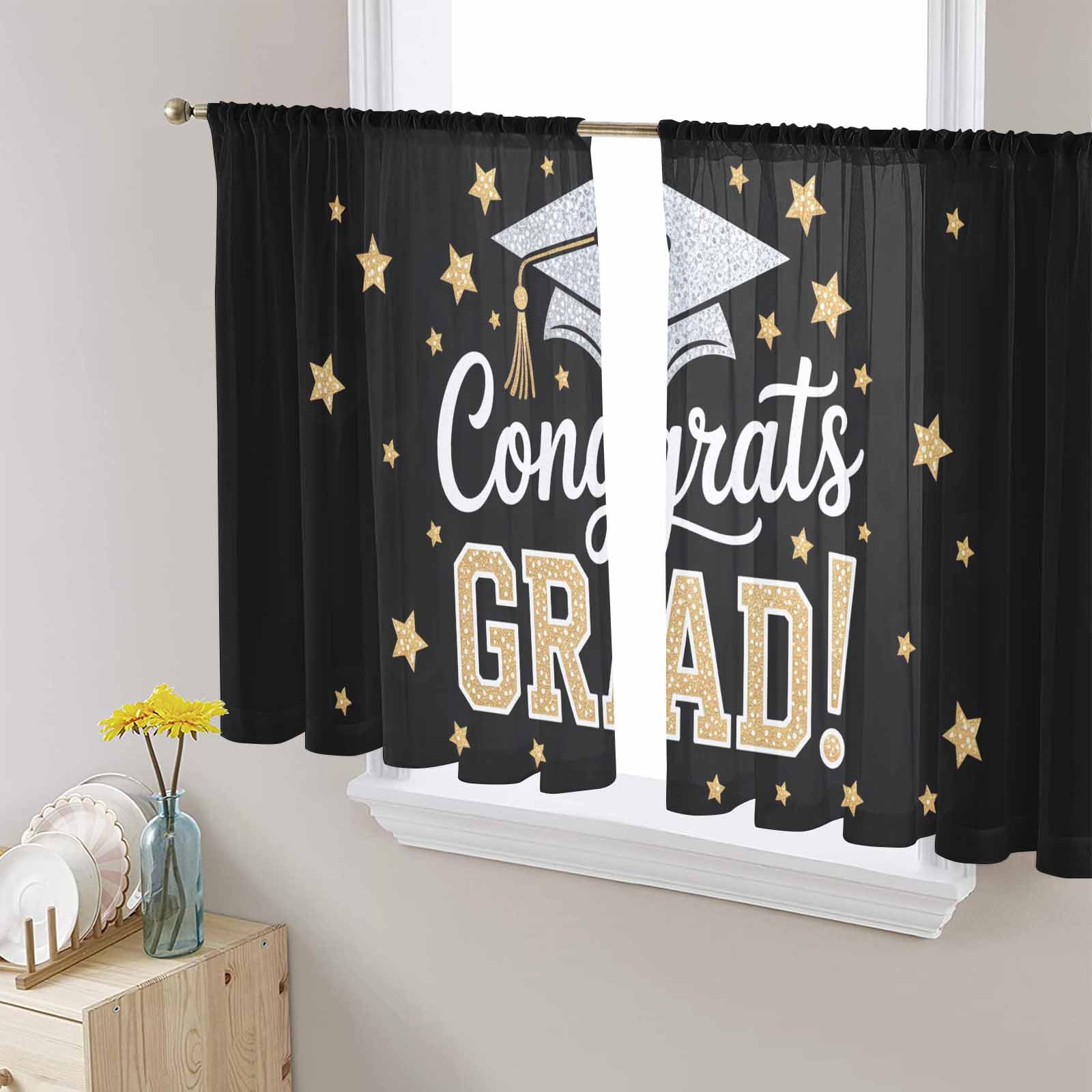 Black Graduation Sheer Curtains 54 Inches Length 2 Panels Set, Window ...