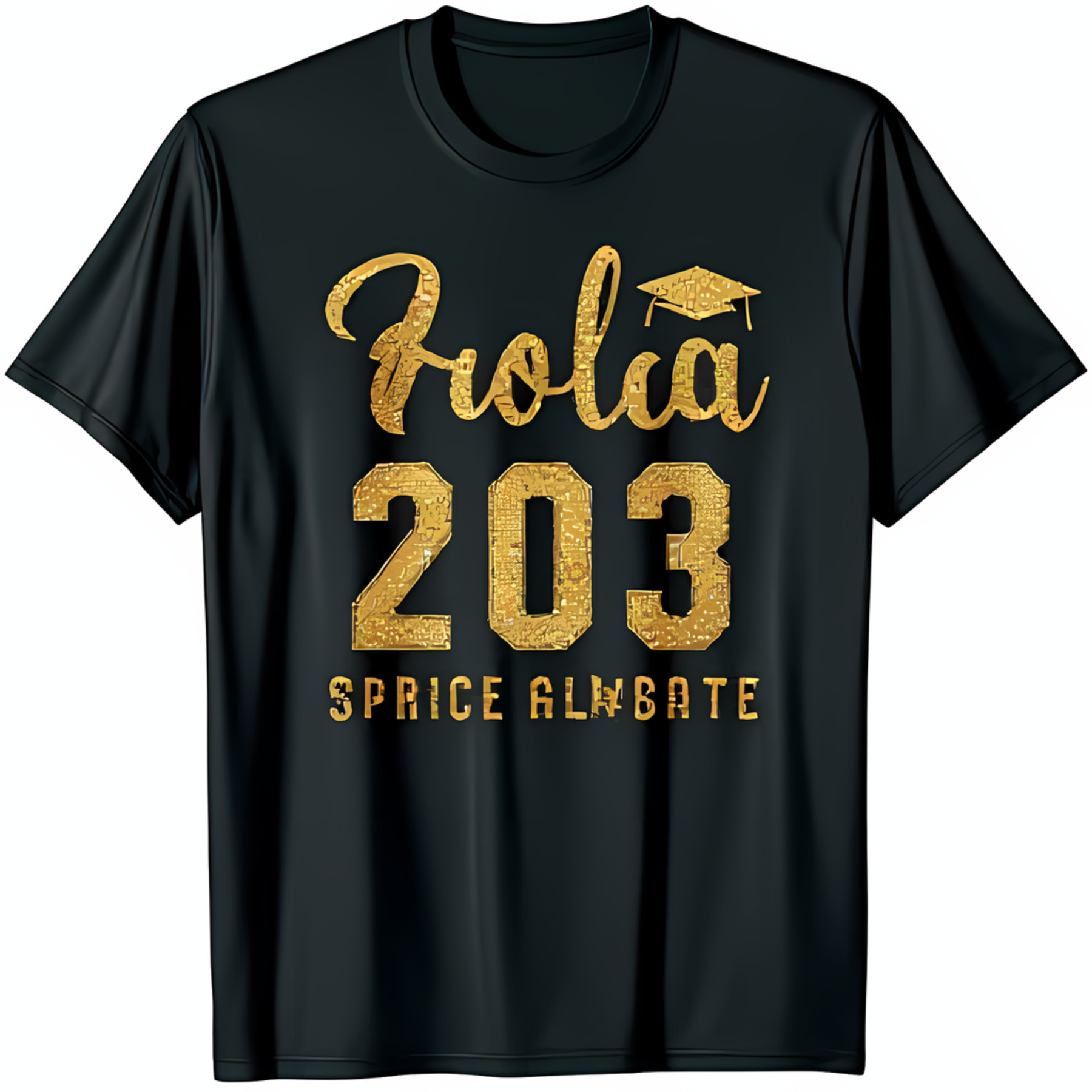 Black Graduation T-Shirt with Gold Glitter Hola 203 Design for School Celebration - Walmart.com