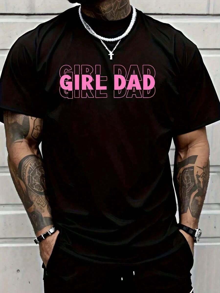 Black Graphic Print Mens Crew Neck T-Shirt With Girl Dad Text Design ...