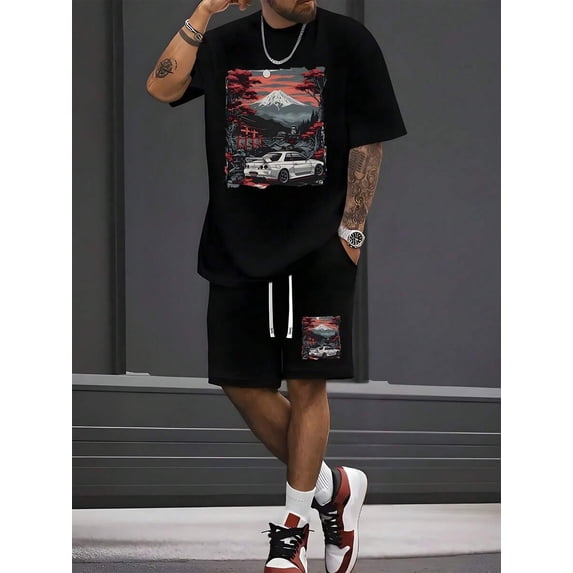 Black Graphic Print Oversized T-Shirt And Matching Shorts Set - Walmart.com