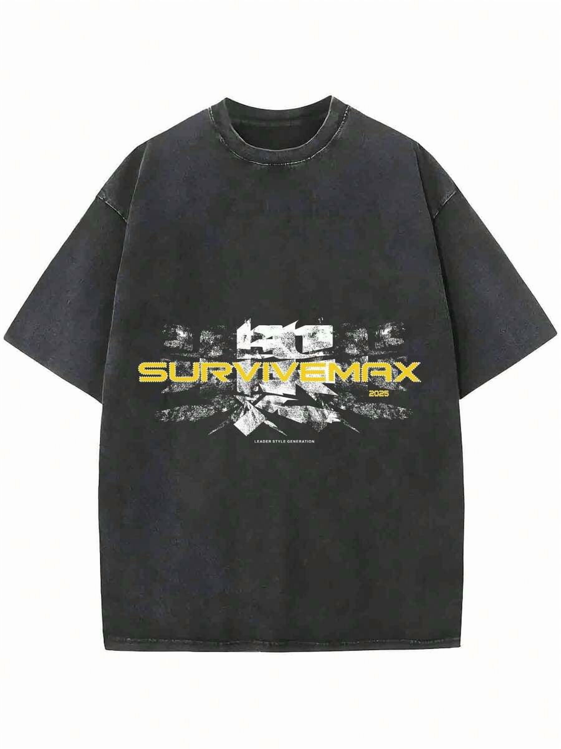 Black Graphic Print Vintage T-Shirt Survivemax Text Crew Neck Short ...