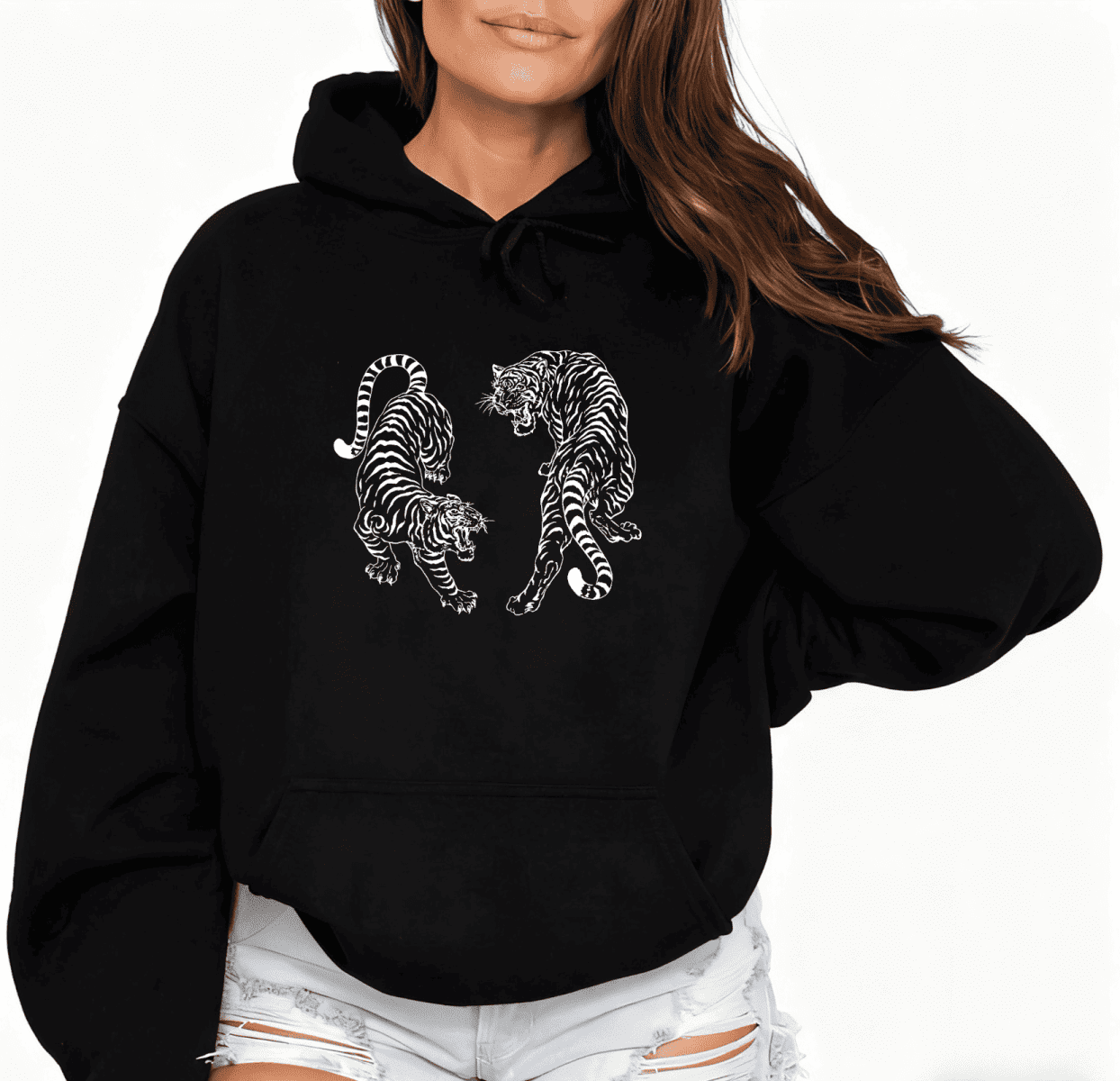 Black Graphic Sweatshirt Print Hoodie Black Unisex Minimalist Tiger ...