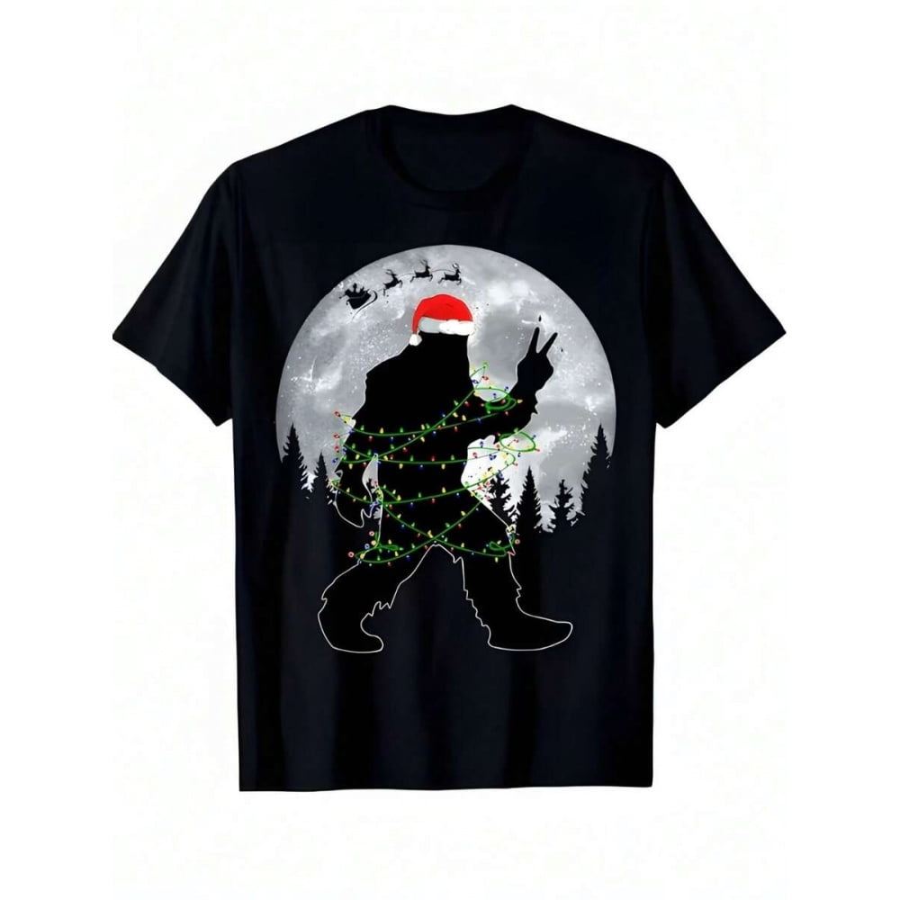 Black Graphic T-Shirt Featuring Bigfoot With Christmas Lights And Santa ...