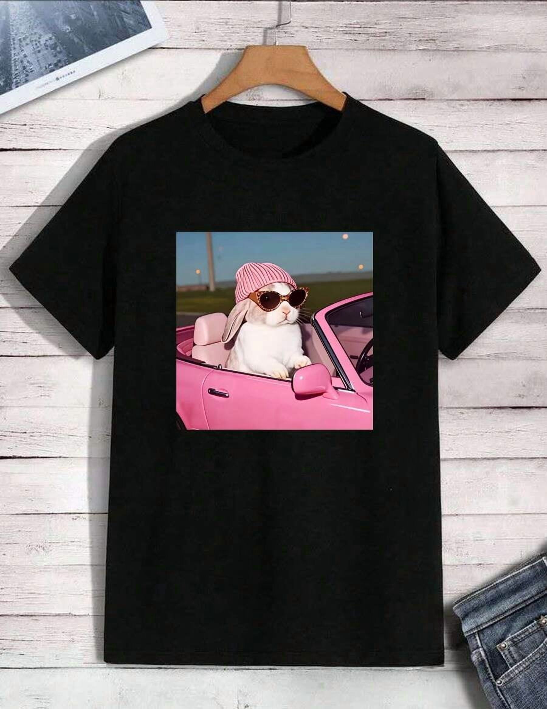 Black Graphic T-Shirt Featuring Bunny In Pink Convertible Car, Fun Cute ...