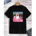 Black Graphic T-Shirt Featuring Bunny In Pink Convertible Car, Fun Cute ...