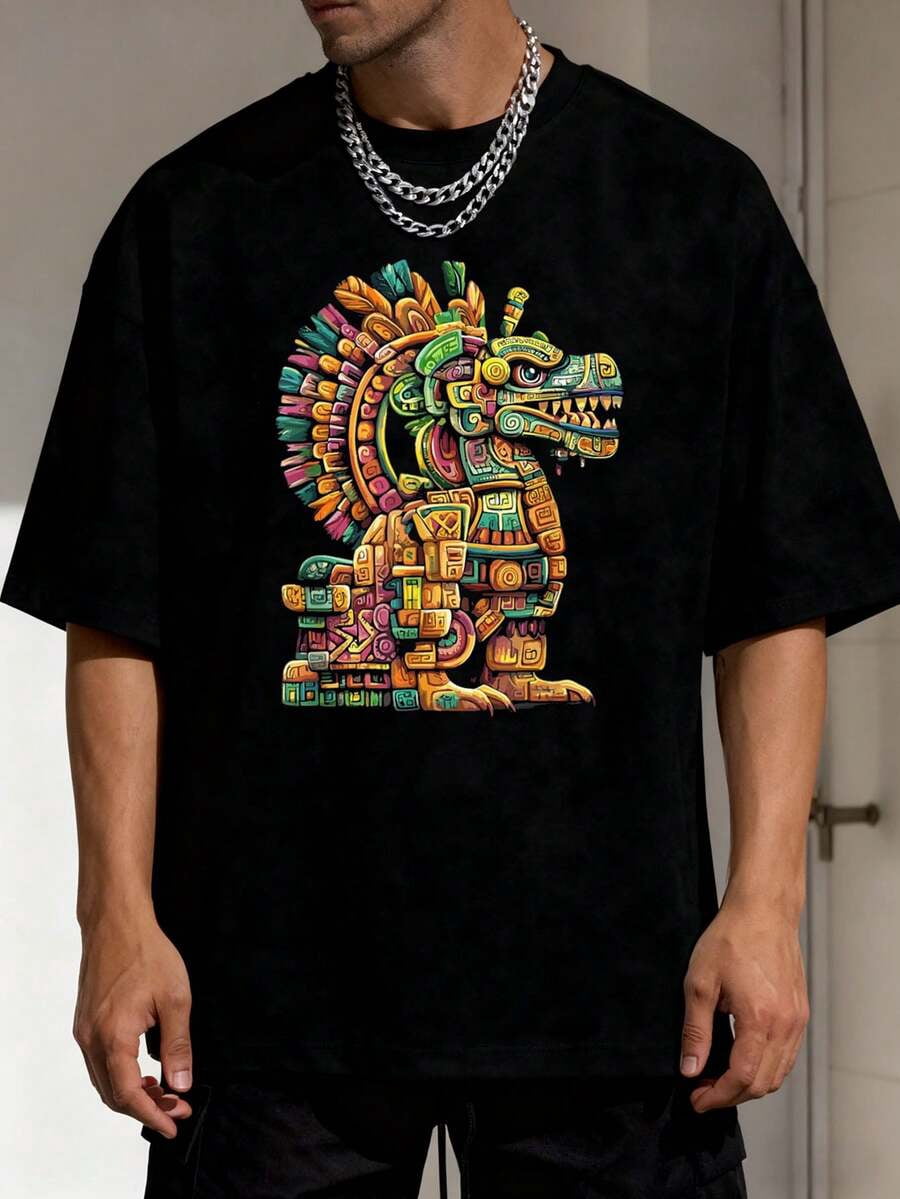 Black Graphic T-Shirt Featuring Colorful Mayan Feathered Serpent Totem ...