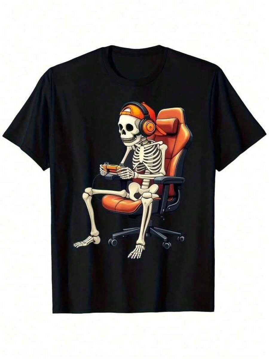 Black Graphic T-Shirt Featuring Retro Skeleton Gamer In Orange Gaming ...