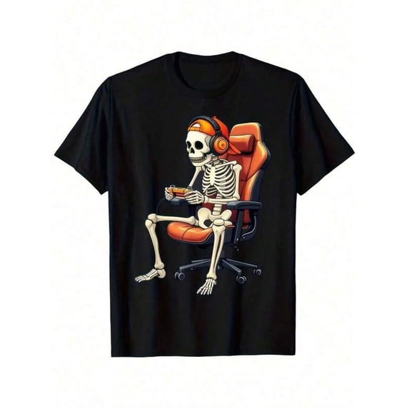 Black Graphic T-Shirt Featuring Retro Skeleton Gamer In Orange Gaming ...