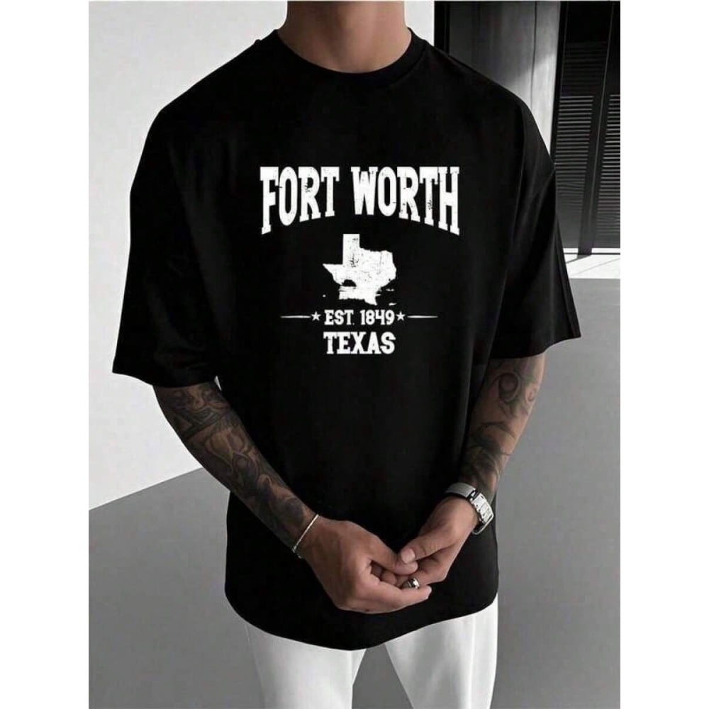 Black Graphic T-Shirt Fort Worth Texas Vintage Print Oversized Crew ...