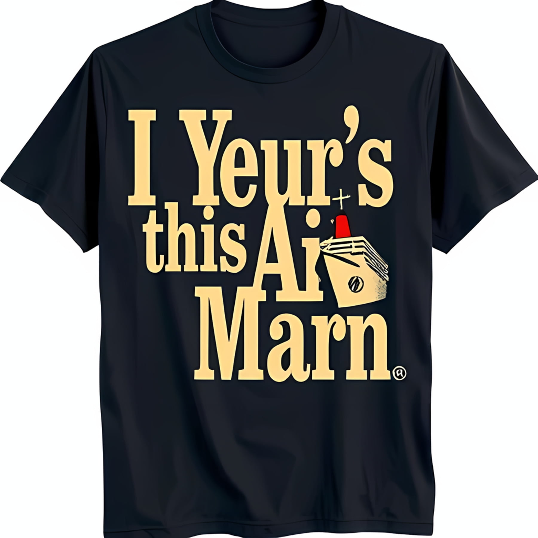 Black Graphic T-Shirt 'I Yeur's this Ai Marn' with Cruise Ship Design ...