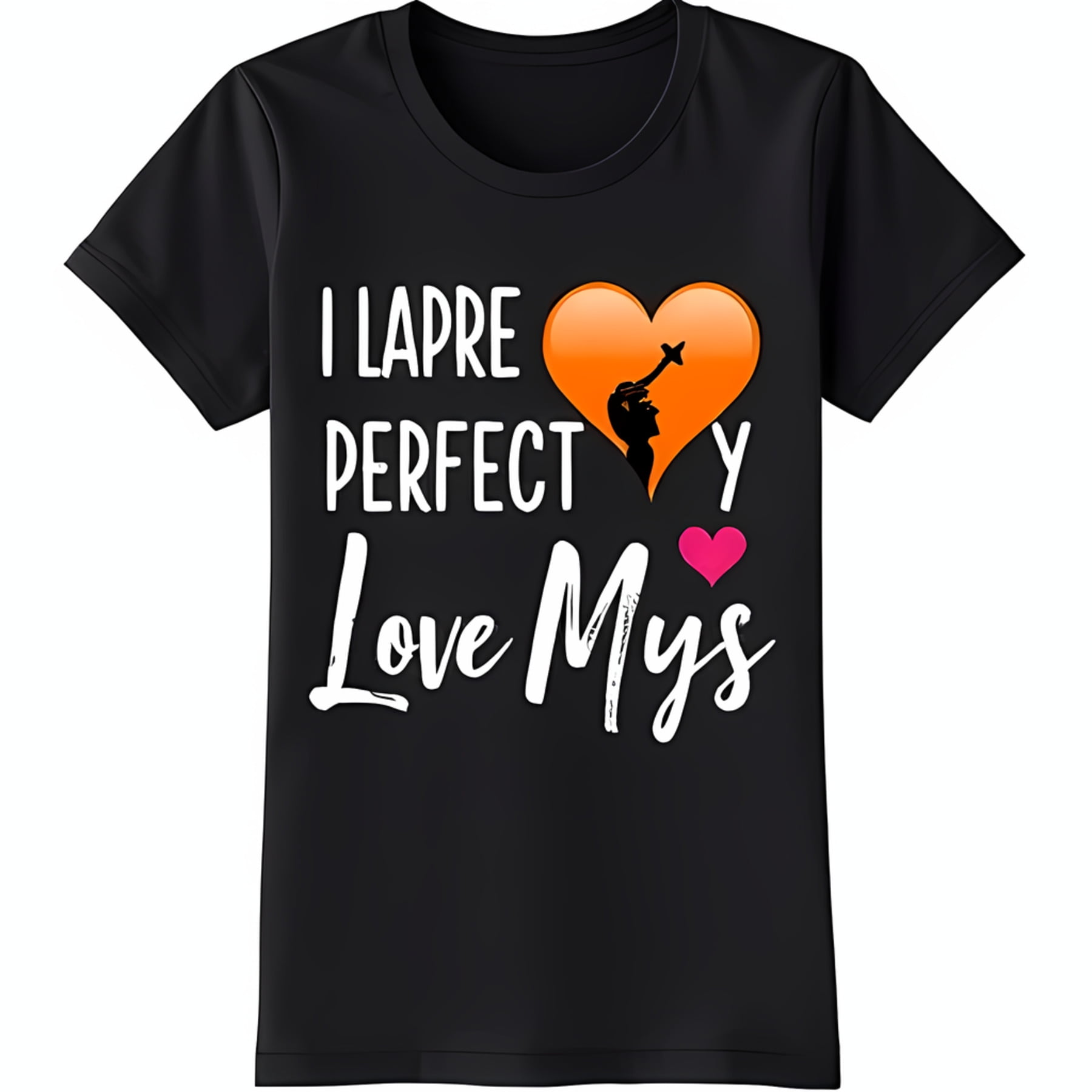 Black Graphic T-Shirt 'I lapre y love mys' with Heart & Plane Design ...