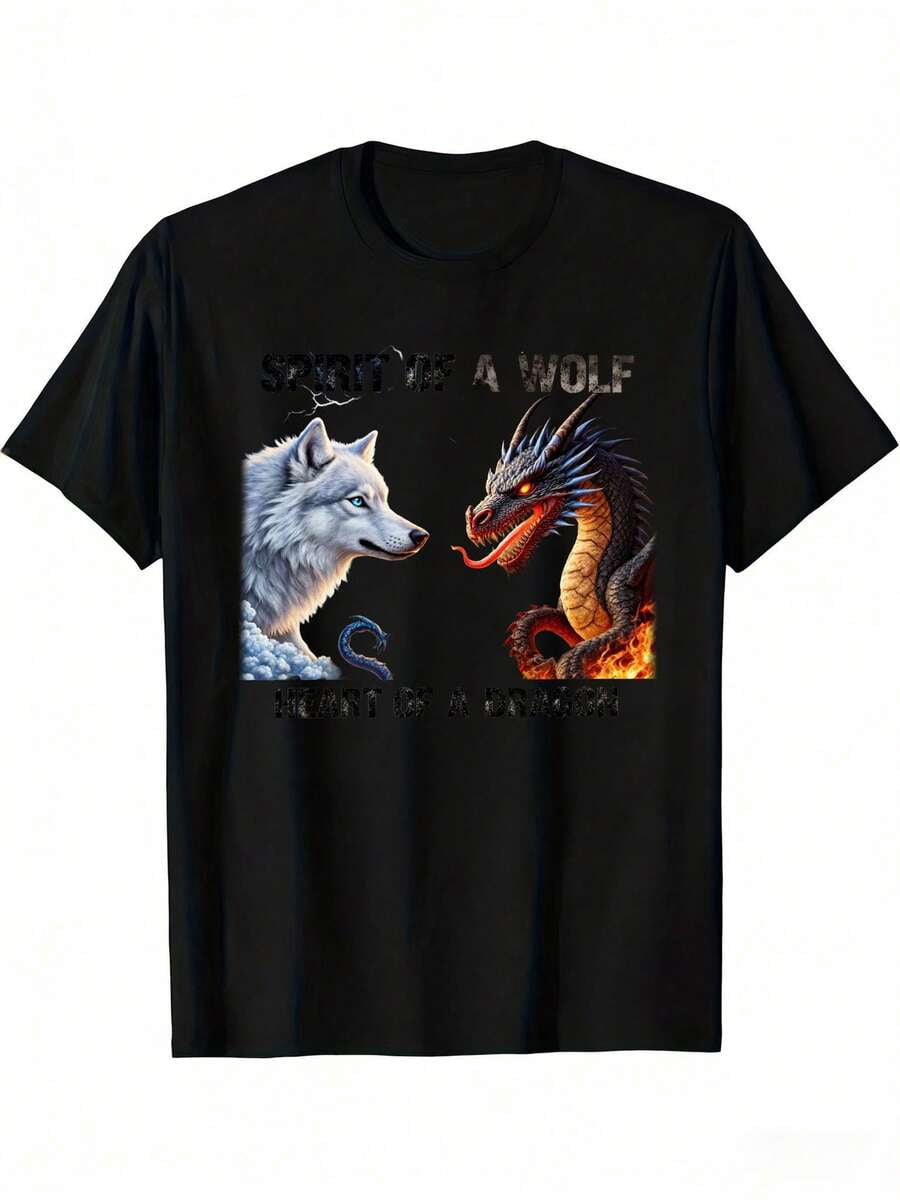 Black Graphic T-Shirt: Spirit Of A Wolf & Heart Of A Dragon – White ...