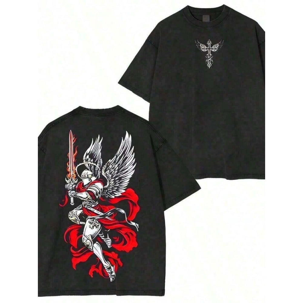 Black Graphic T-Shirt With Angel Knight And Cross Motif, Loose Fit ...