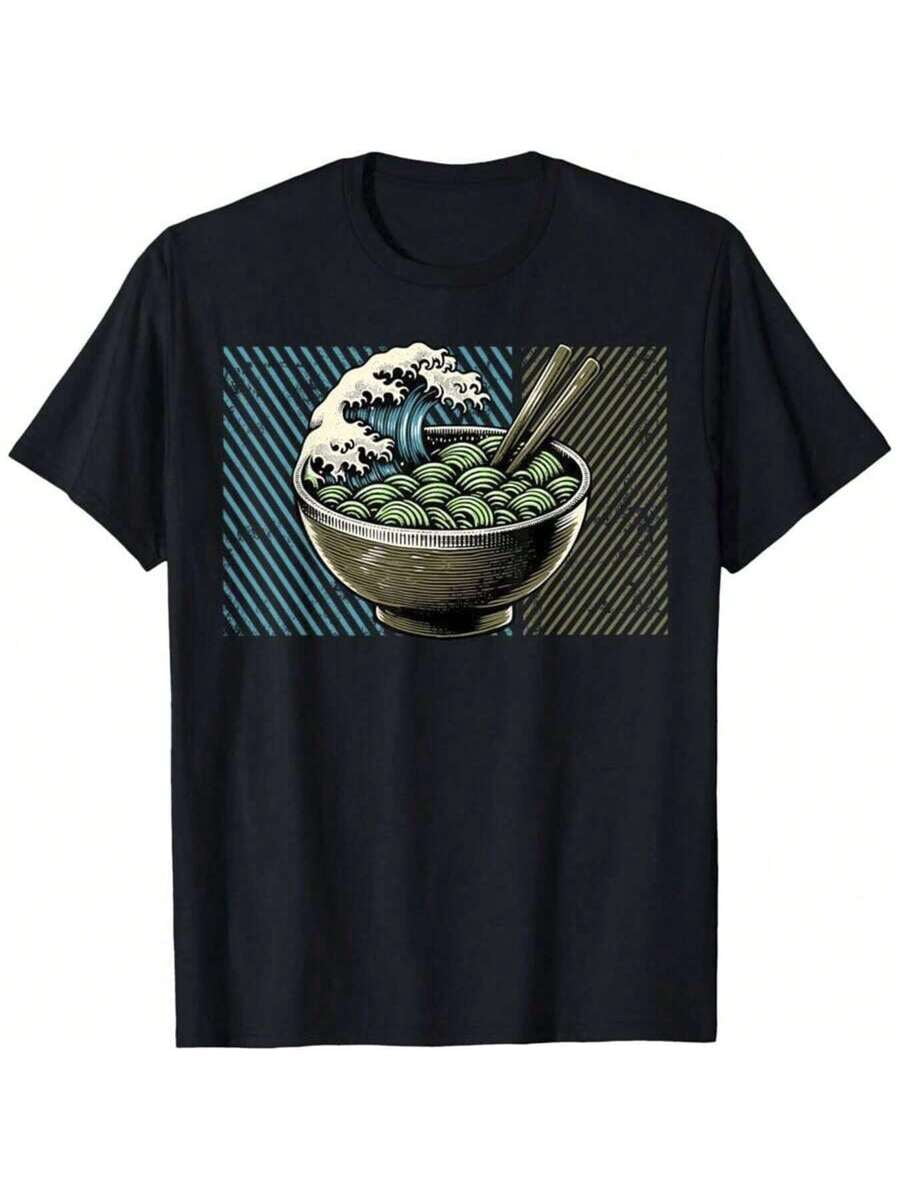 Black Graphic T-Shirt With Wave And Ramen Bowl Print, 100% Cotton, Crew ...