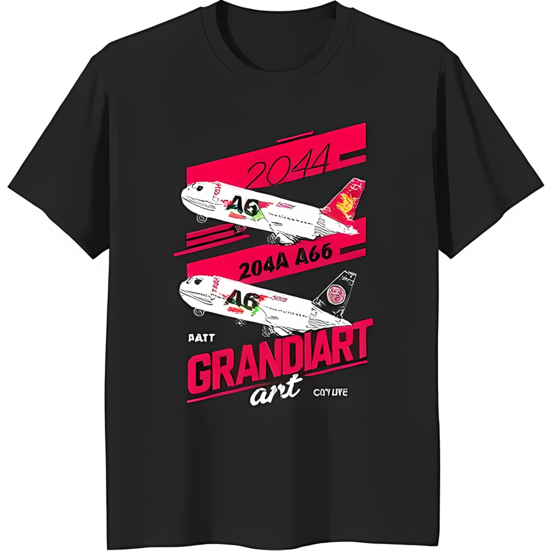 Black Graphic T-Shirt with Airplanes Design '2044 A6' & 'GRANDIART art ...