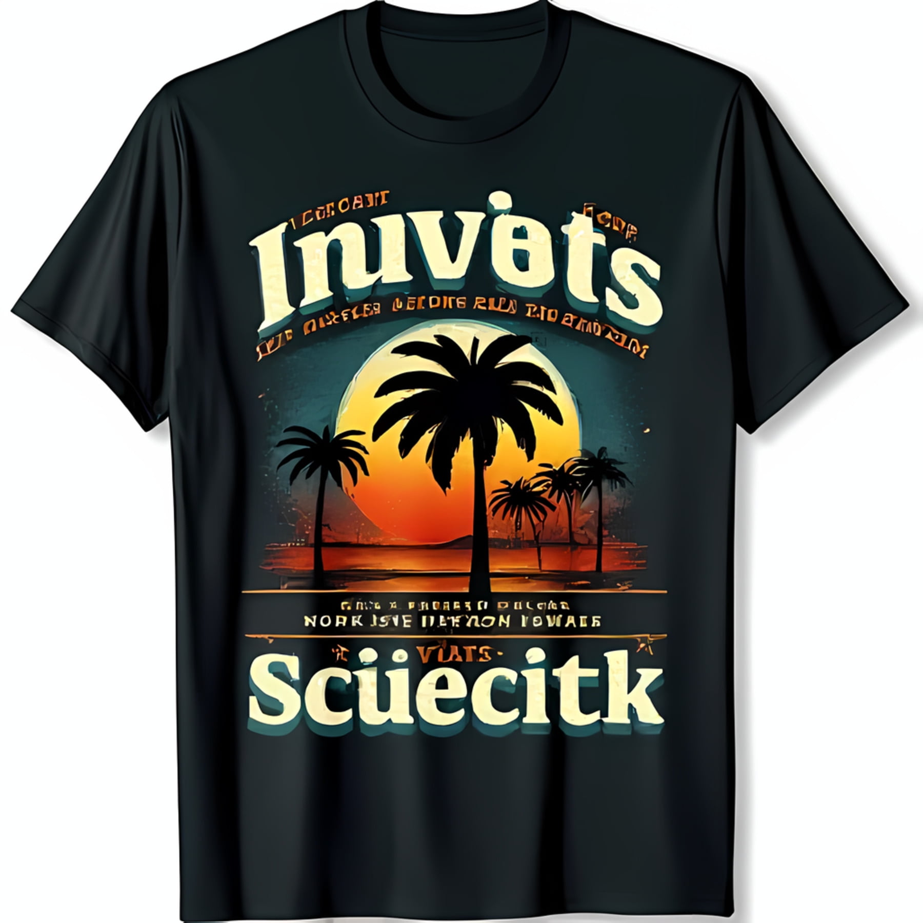 Black Graphic T-Shirt with Beach Scene Trees & Sunset Design Inivets ...
