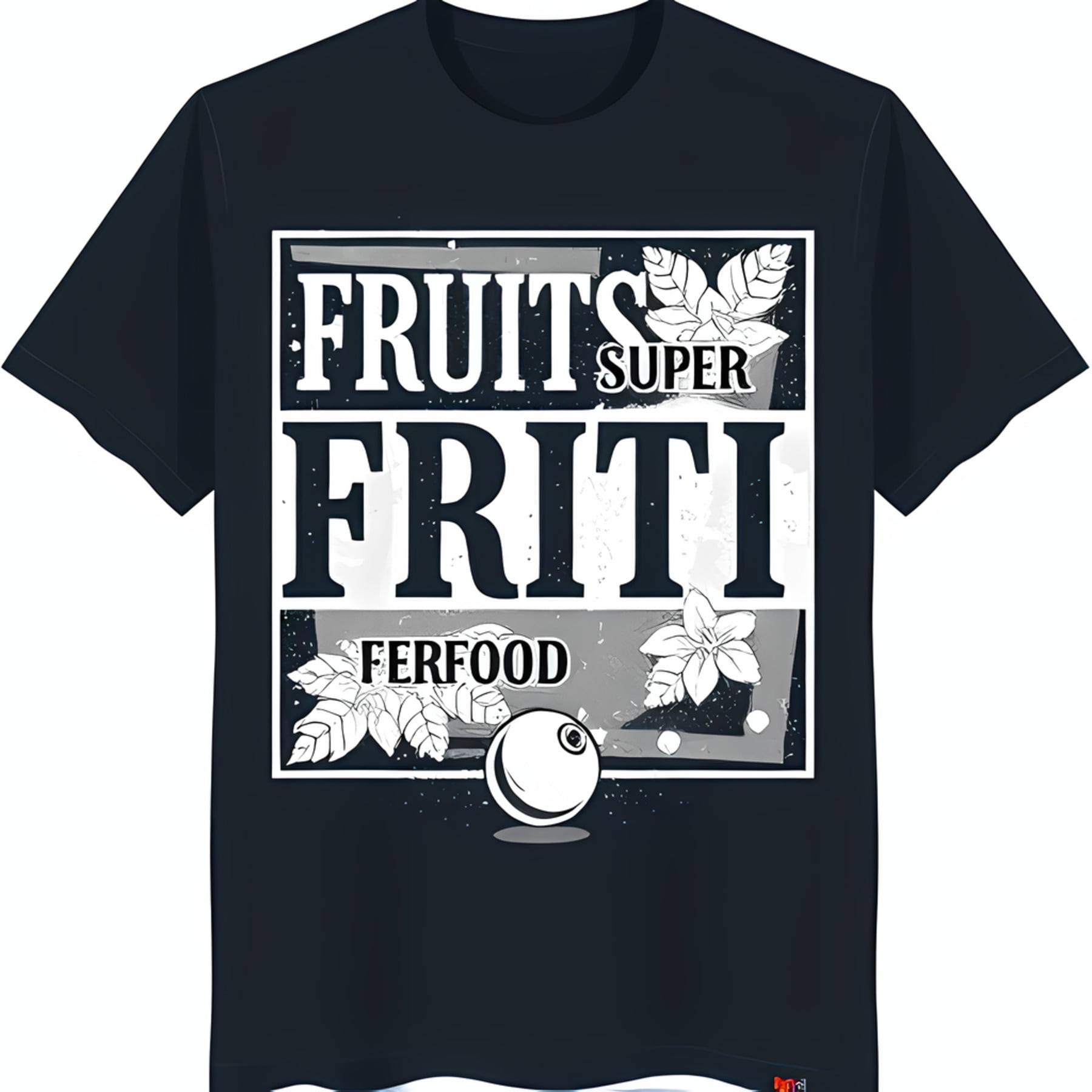 Black Graphic T-Shirt with Bold 'FRUITS SUPER FRITI' Design & Fruit Art ...