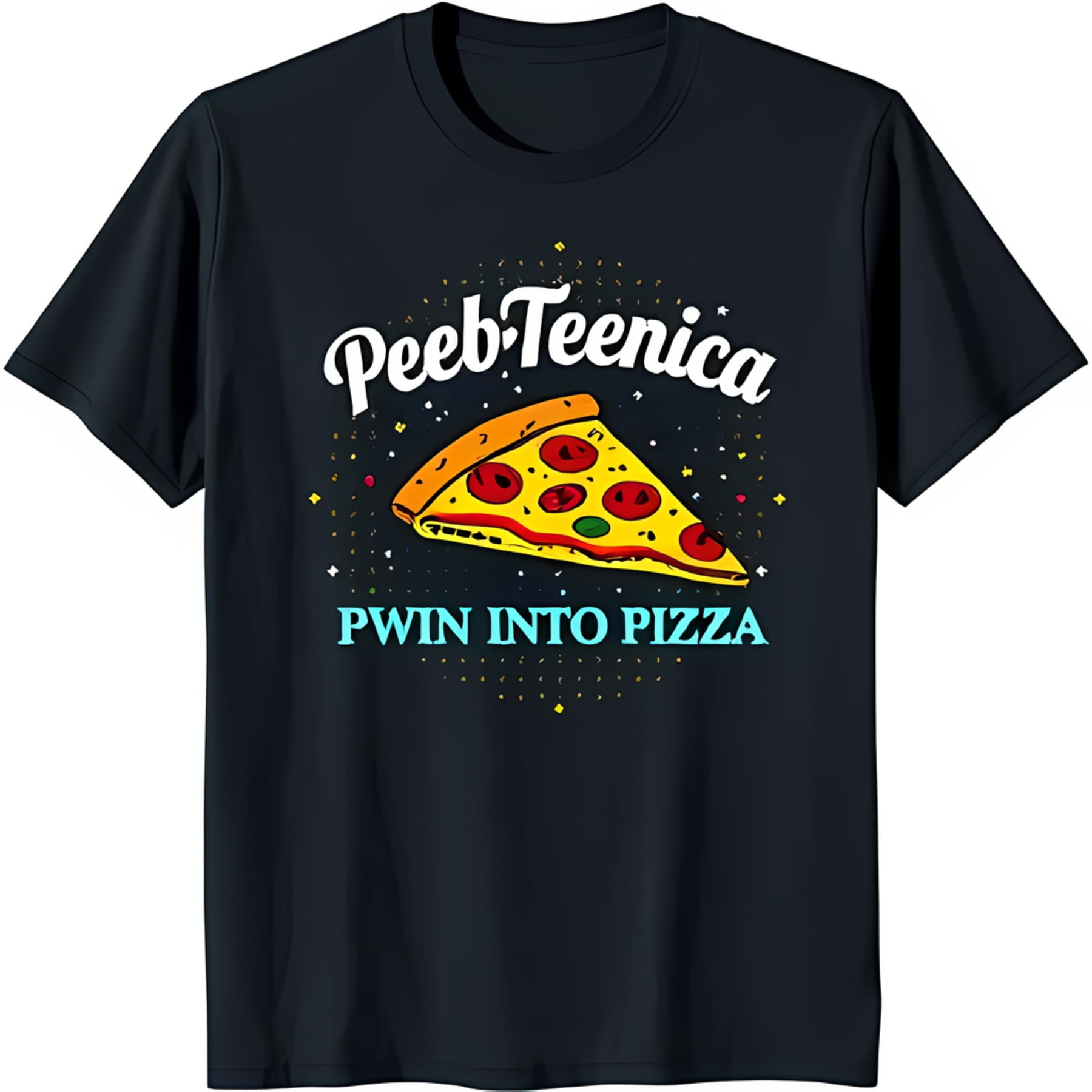 Black Graphic T-Shirt with Fun 'Peeb Teunica Pwin Into Pizza' Design ...