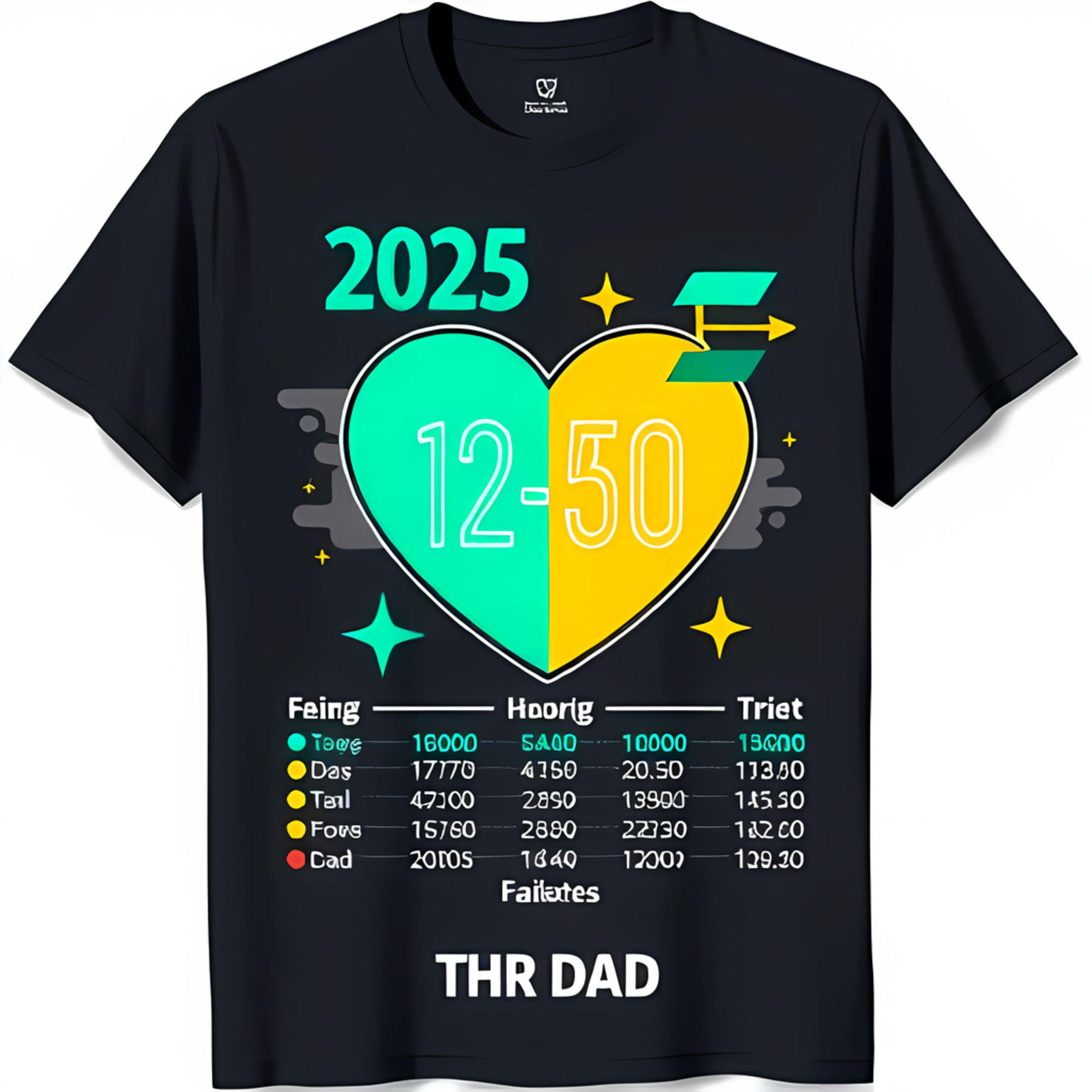 Black Graphic T-Shirt with Green & Yellow Heart Design '12 50' & '2025 ...