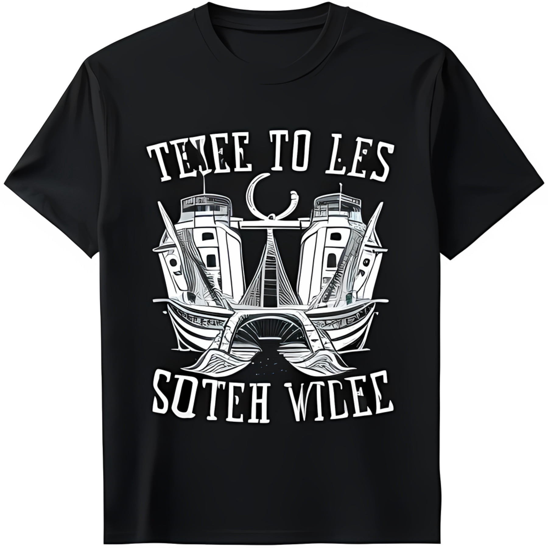 Black Graphic T-Shirt with Handwritten Style Ships Bridge & Design ...