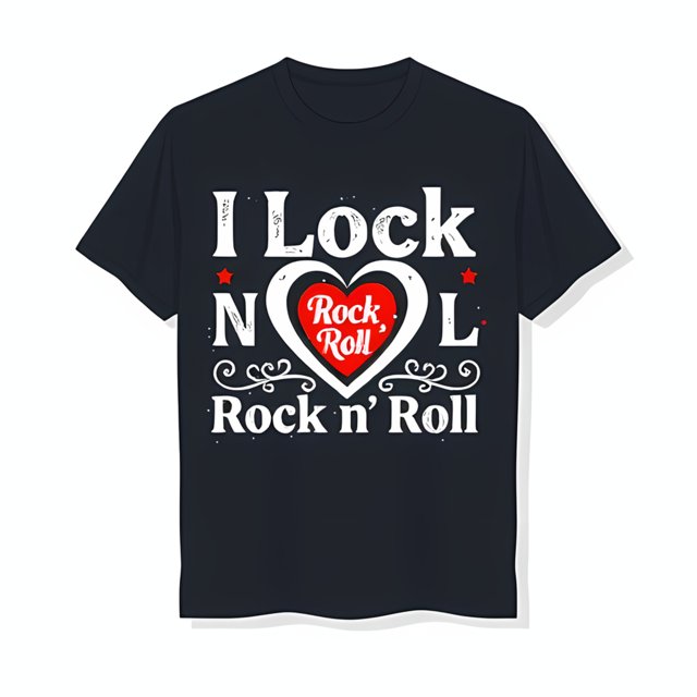 Black Graphic T-Shirt with 'I Lock N' & 'L Rock n' Roll' Design Heart ...