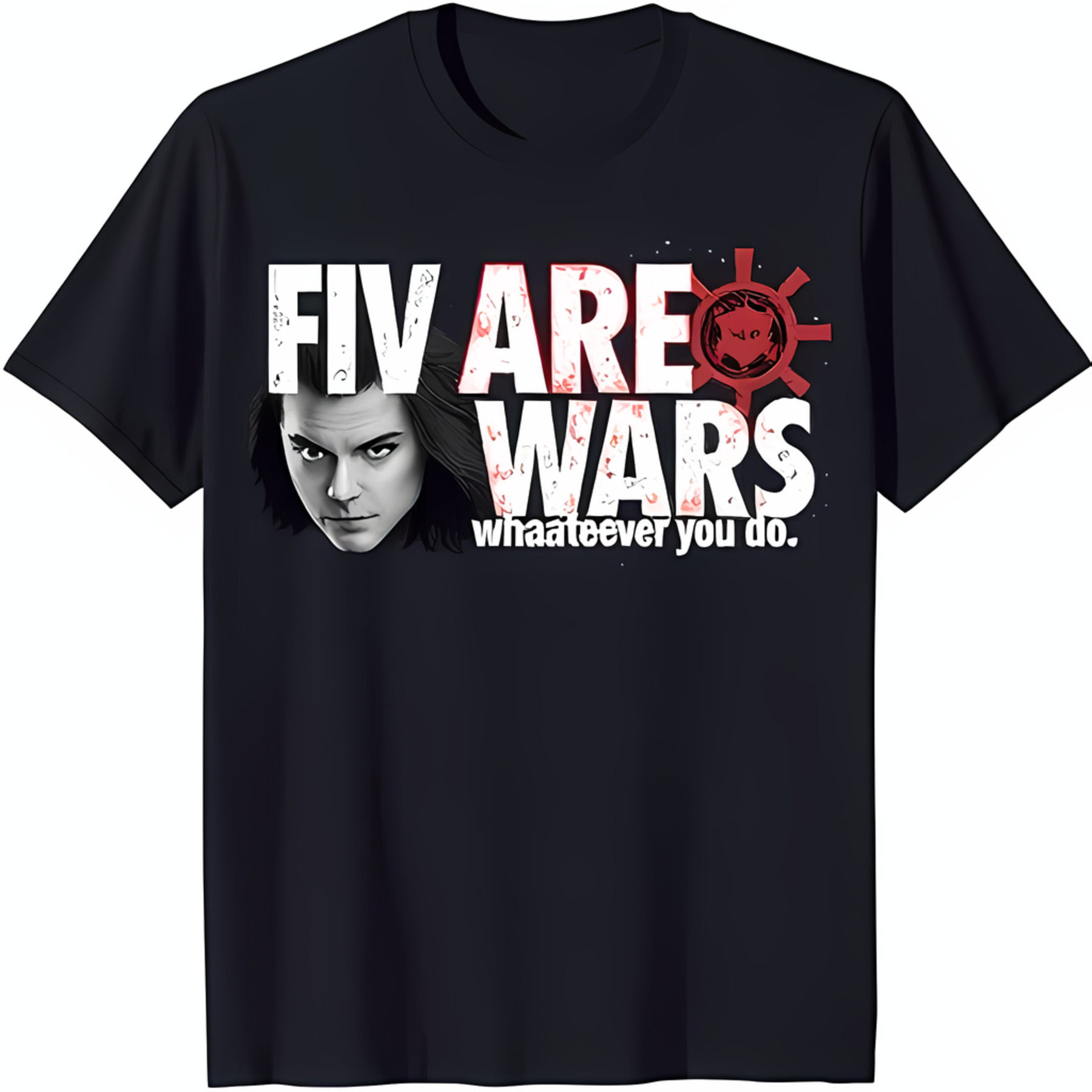 Black Graphic T-Shirt with Intense Man Print & Symbol 'Fiv Are Wars ...