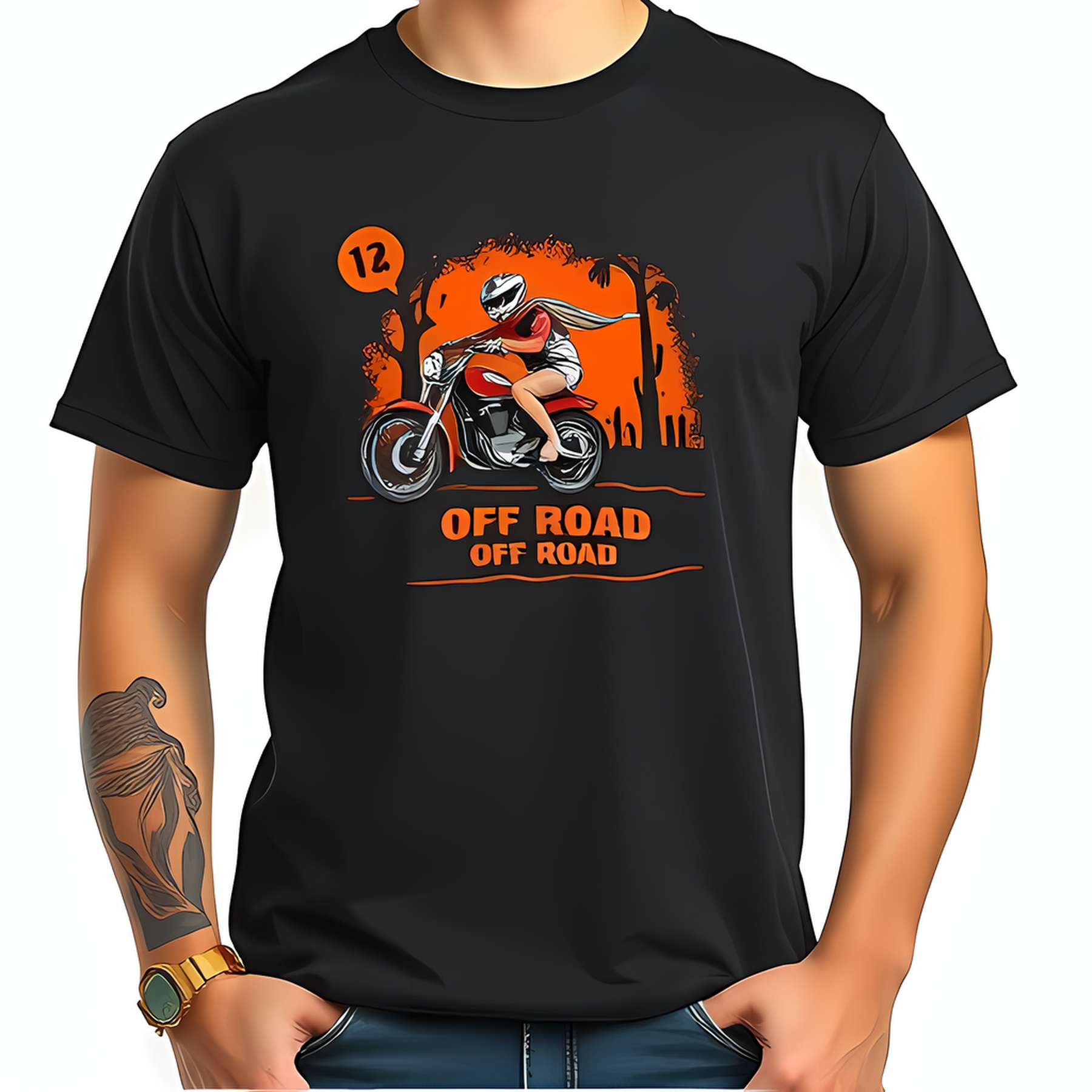 Black Graphic T-Shirt with Motorcycle Rider Design "OFF ROAD" Sunset ...