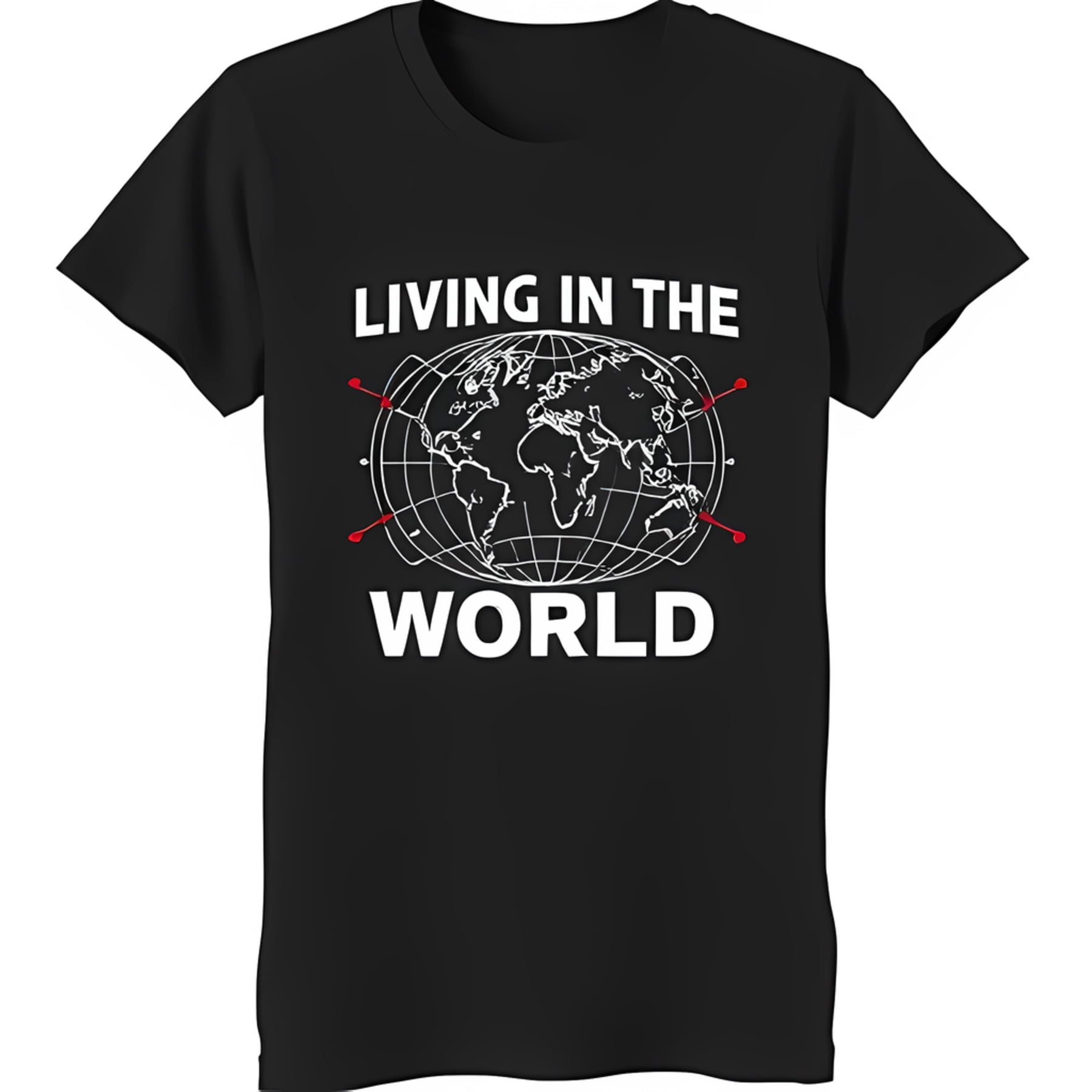 Black Graphic T-Shirt with White Globe Design Red Location & 'LIVING IN ...