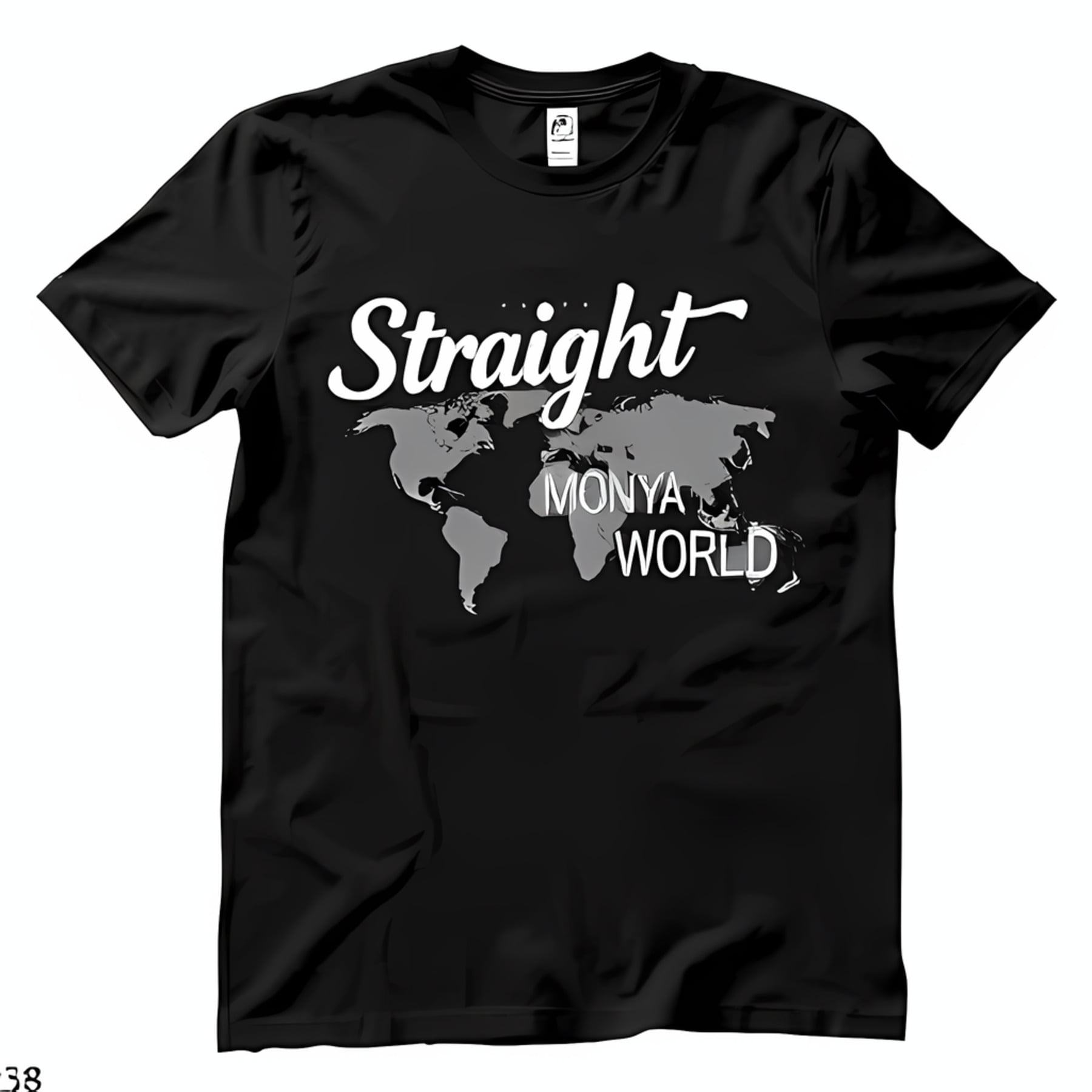 Black Graphic T-Shirt with White World Map Design ' Monya World' Print ...