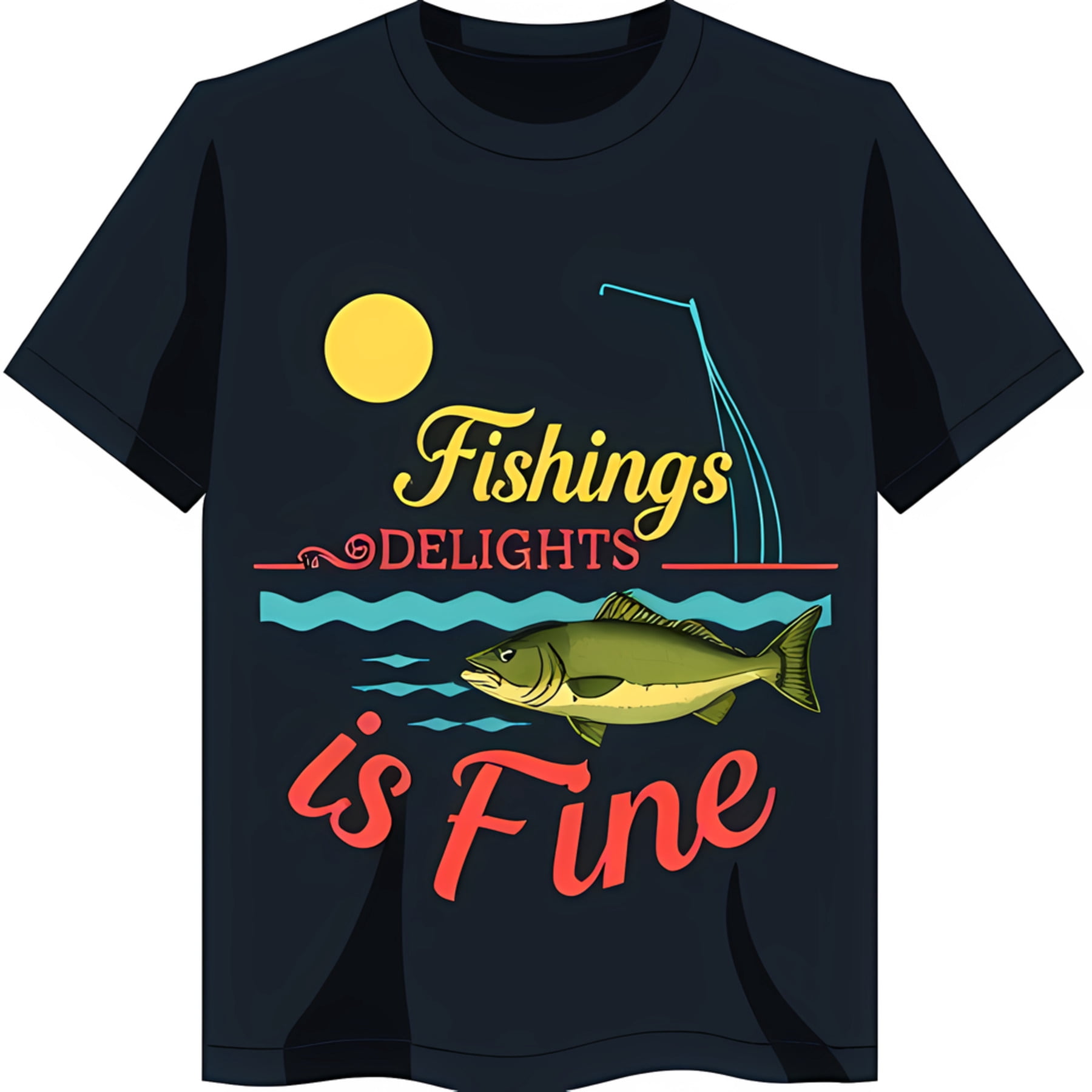 Black Graphic T-Shirt with Yellow Sun Blue Waves & Fish Design s ...