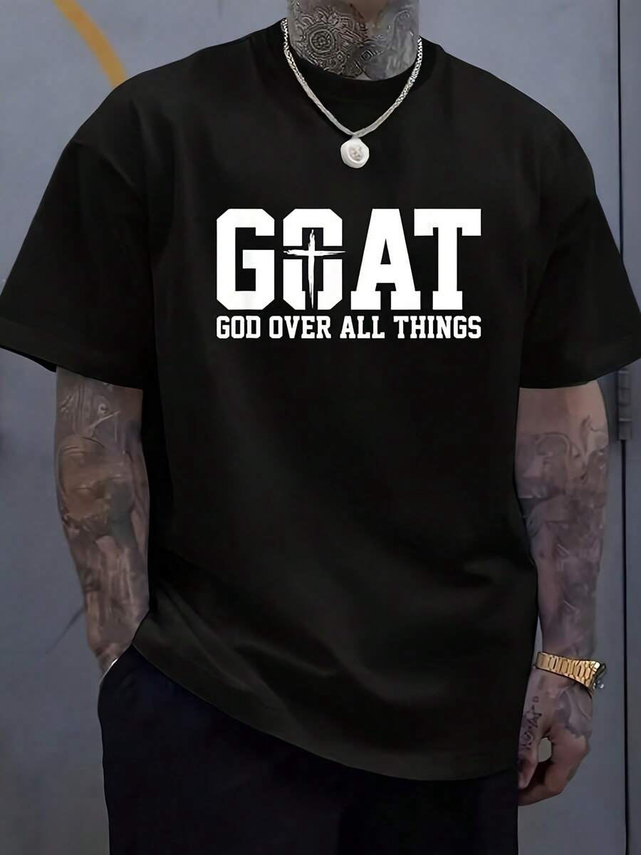 Black Graphic Tee - GOAT God Over All Things Faith T-Shirt Mens Loose ...