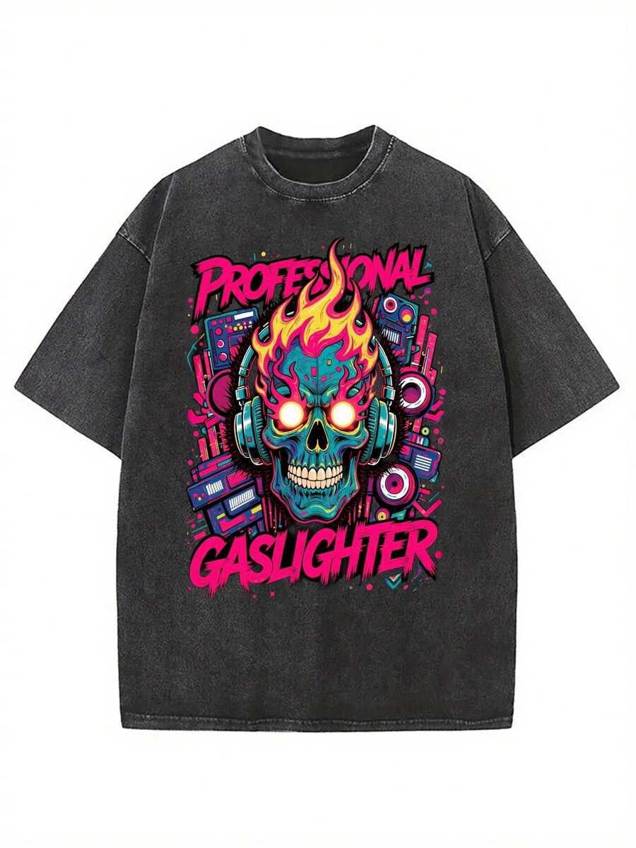 Black Graphic Tee Unisex Vintage Washed Loose Crew Neck T-Shirt Flame ...