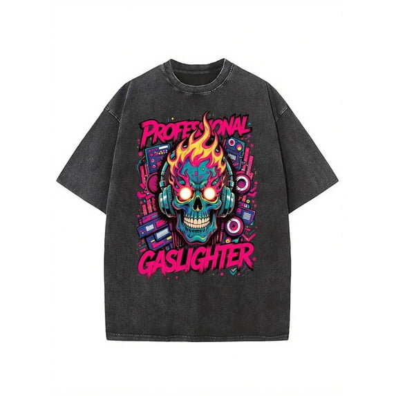 Black Graphic Tee Unisex Vintage Washed Loose Crew Neck T-Shirt Flame ...