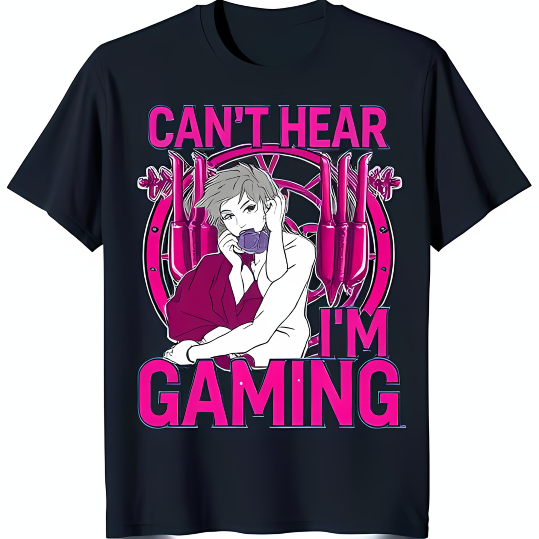 Black Graphic Tee Woman in Headphones with Drink on Gamer 'Can't Hear I ...