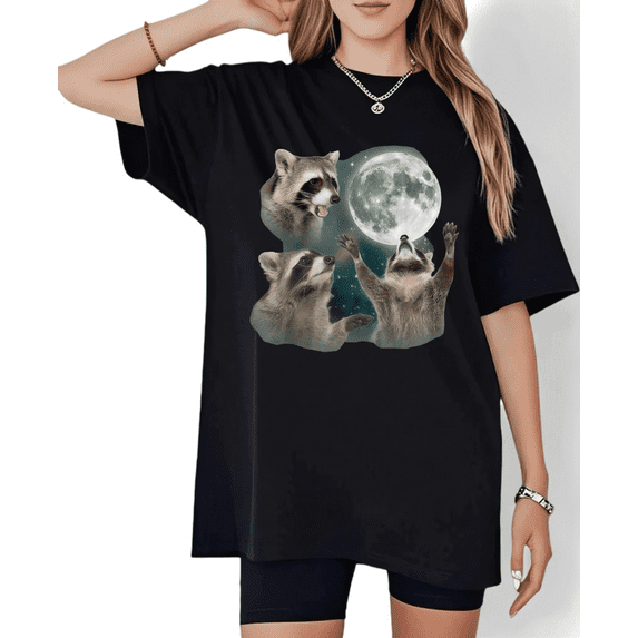 Black Graphic Tees Print Tshirt Shirts S-5XL Raccoon Moon Night Vintage ...
