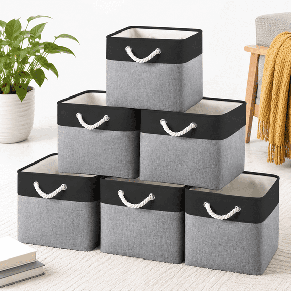 Black Gray 12x12 Inch Fabric Cube Storage Bin with Rope Handles 6-pack ...